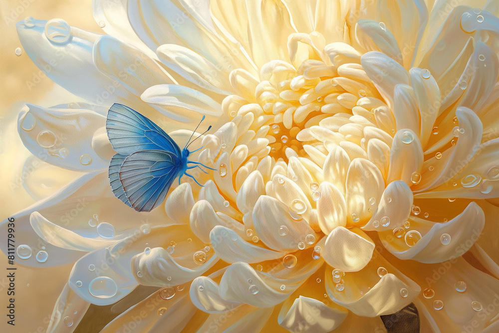 Artistic oil painting of blossom white Chrysanthemum flower with blue butterfly in close up ...