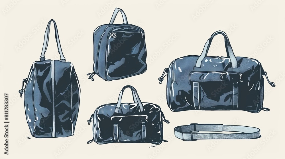 Set of Duffel bags, barrel bag flat sketch vector, sport duffle bag cad ...