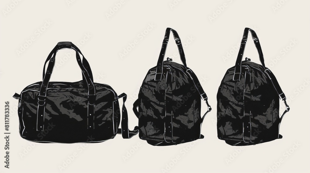Set of Duffel bags, barrel bag flat sketch vector, sport duffle bag cad ...