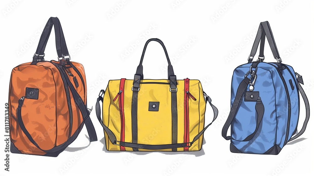 Set of Duffel bags, barrel bag flat sketch vector, sport duffle bag cad ...