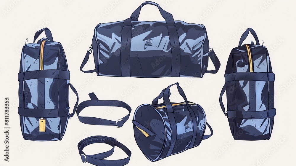 Set of Duffel bags, barrel bag flat sketch vector, sport duffle bag cad ...