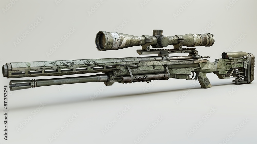 Sniper rifle with metallic finish, photographed in a studio against a ...