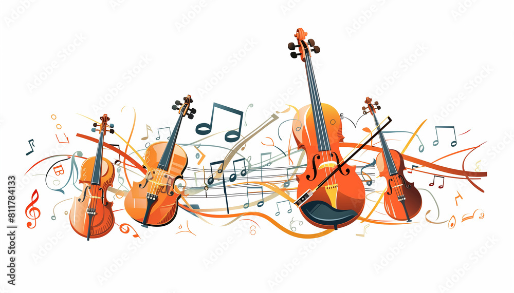 Colorful illustration of diverse string instruments and musical notes ...