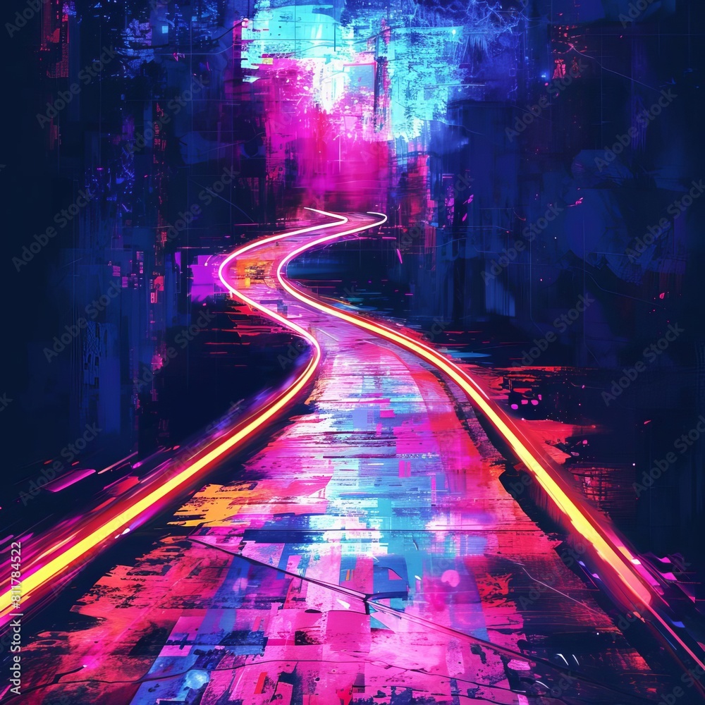 Abstract motion curvy urban road with neon light motion effect applied ...