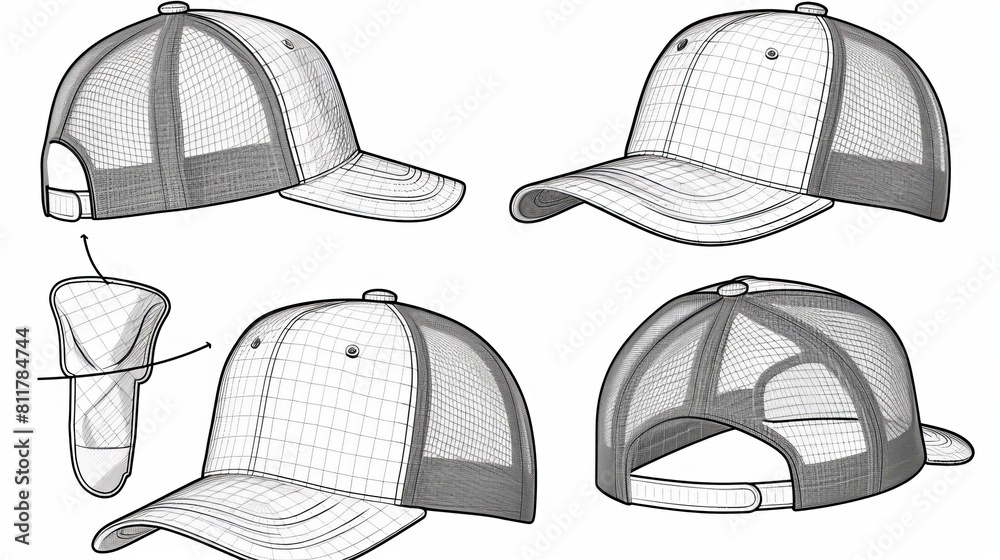 Technical drawing illustration of a trucker hat snapback. Blank ...