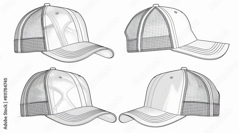 Technical drawing illustration of a trucker hat snapback. Blank ...