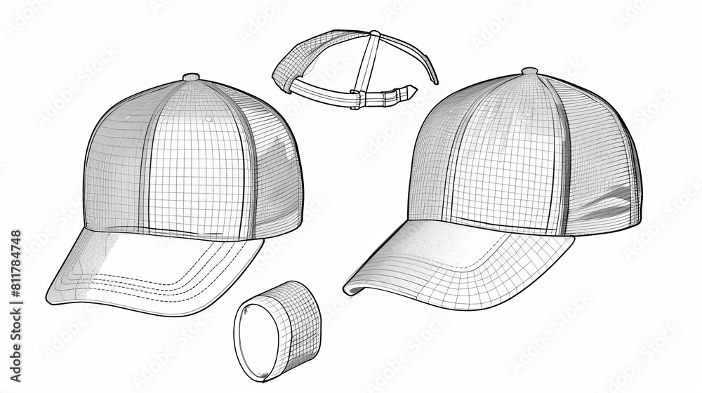 ภาพประกอบสต็อก Technical drawing illustration of a trucker hat snapback ...