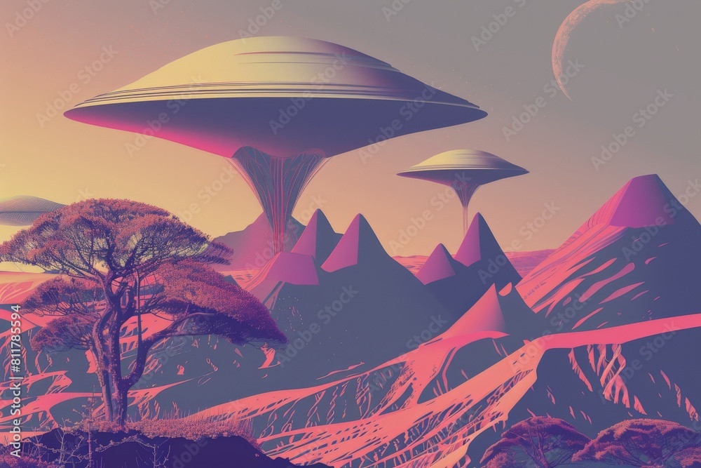 Mars-like desert landscape under a large ringed planet. Vivid space ...