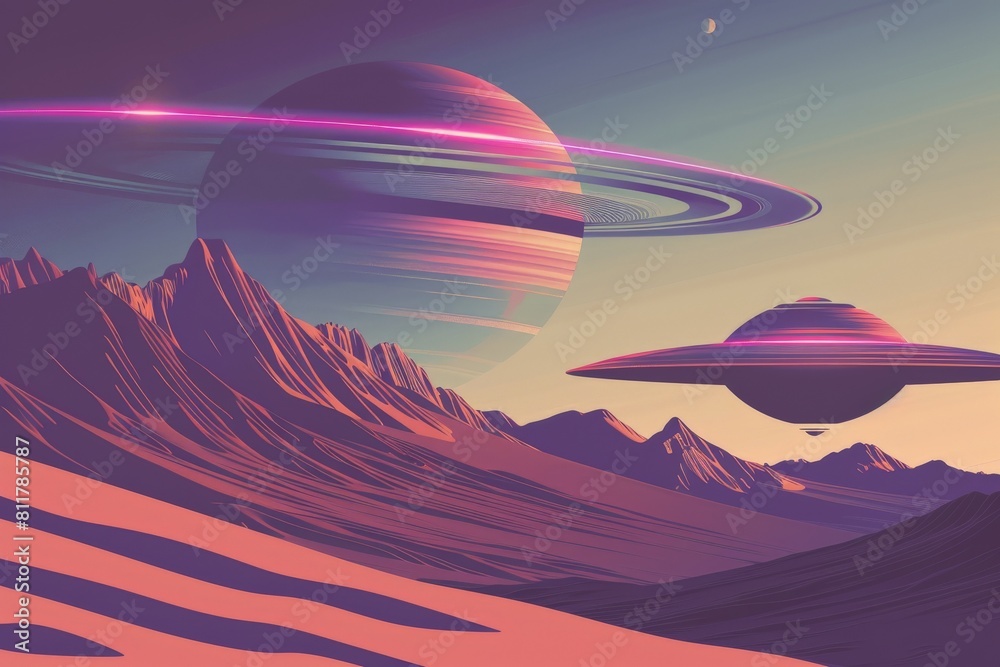 Mars-like desert landscape under a large ringed planet. Vivid space ...