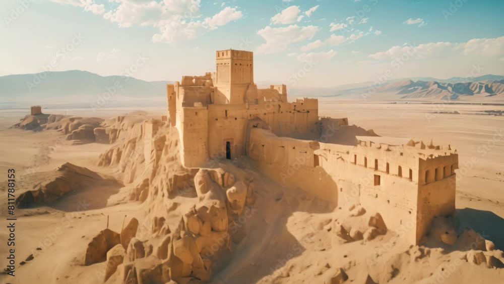 A stunning castle stands proudly amidst the arid expanse of the desert ...