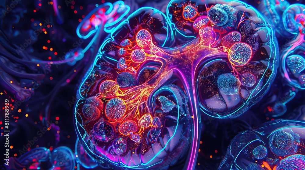 A detailed synthwave art piece depicting the kidney, using neon colors ...