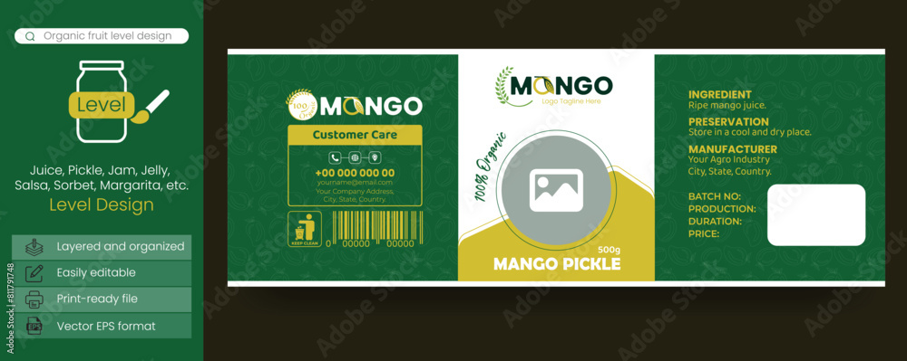 Product packaging label template design, Mango juice, pickle, orange ...