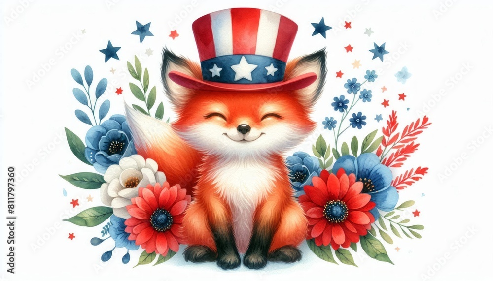 Fox 4th July Watercolor Celebration USA (United State) Art Cute Cartoon ...