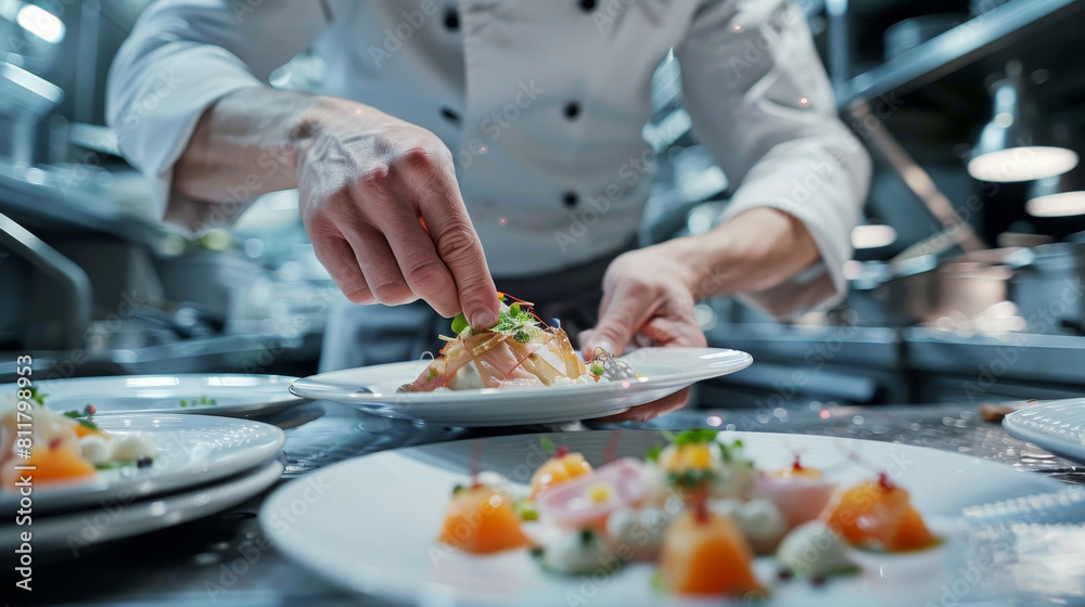Professional chef meticulously garnishes a colorful gourmet dish in a ...