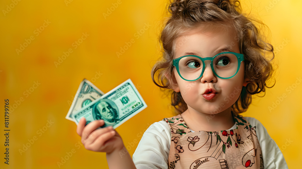Cute kid girl holding dollars and have an idea how earning much money ...