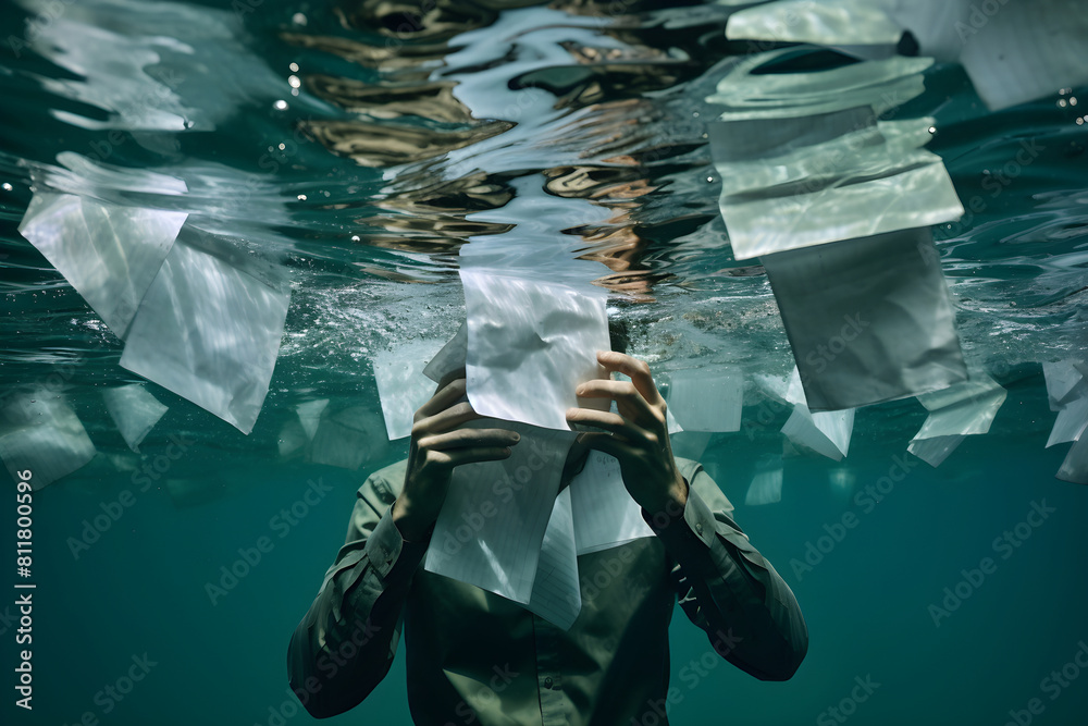 Drowning businessman in the depths of the sea. A man with papers ...
