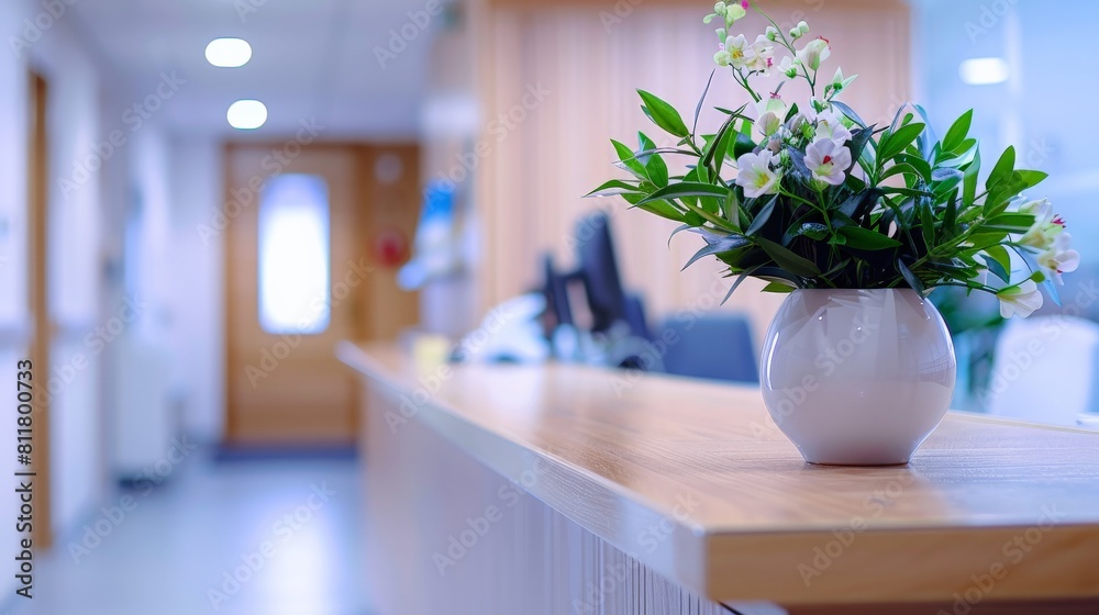 The photo shows a modern and clean hospital reception area with a vase ...