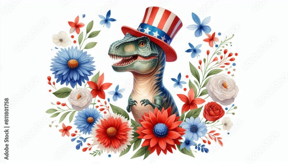 T rex 4th July Watercolor Animal Patriotic with American Flag Memorial ...