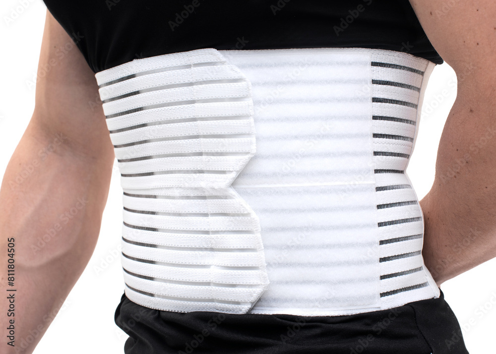 Lumbar brace on the sportsman body isolated on a white background ...