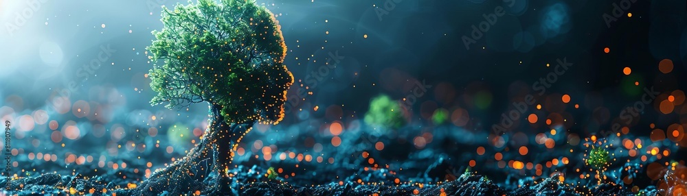 Virtual digital biotechnology tree engineering concept 3D render VR ...