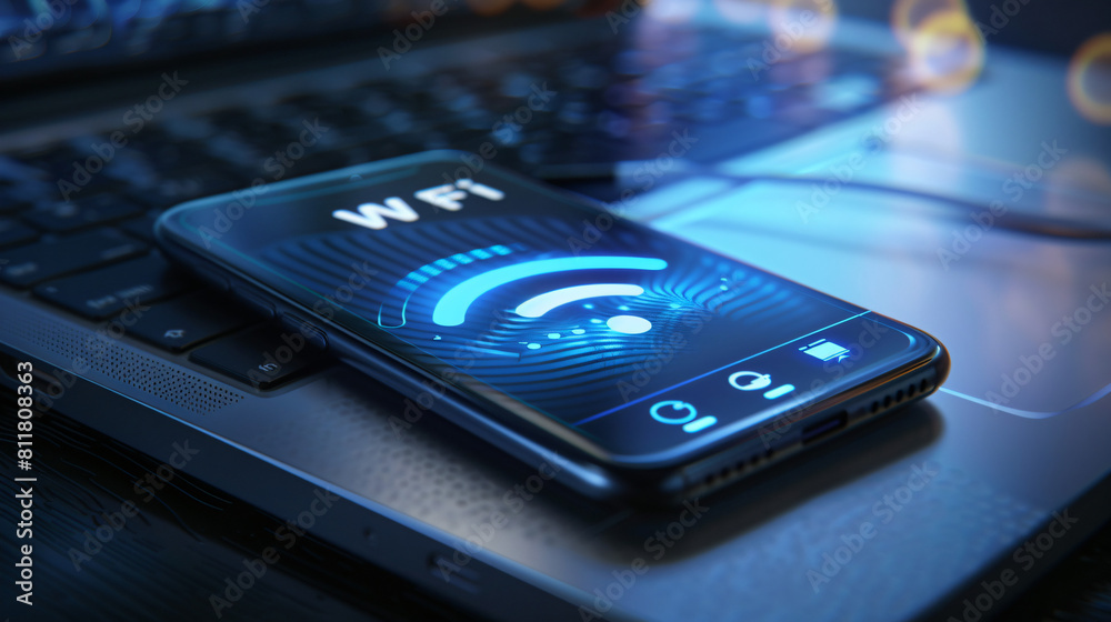 Wi Fi 6 logo and connectivity app on smartphone with l Stock ...