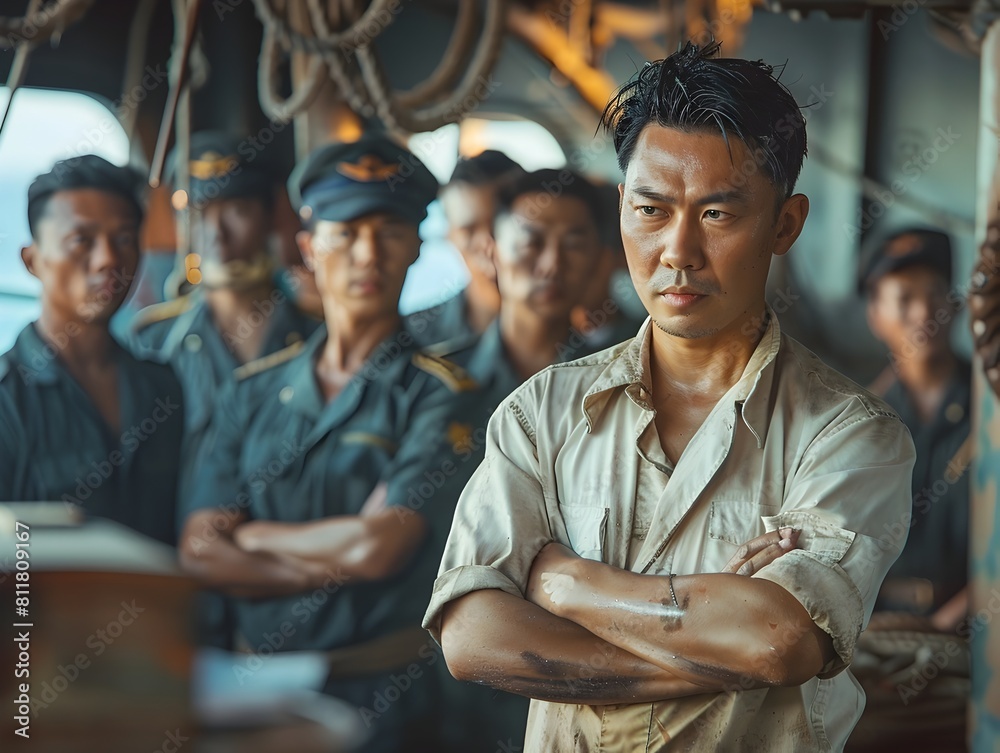 The Asian Captains Consulting with Crew During Crucial Onboard Moment ...