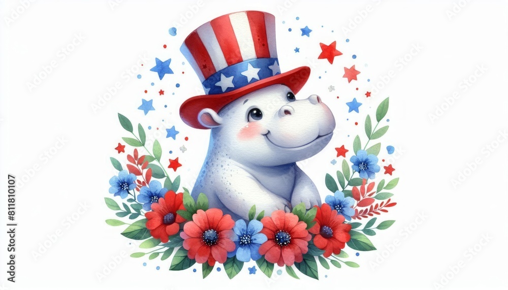 Hippo 4th July Watercolor Memorial Day Clip Art Animal Patriotic with ...