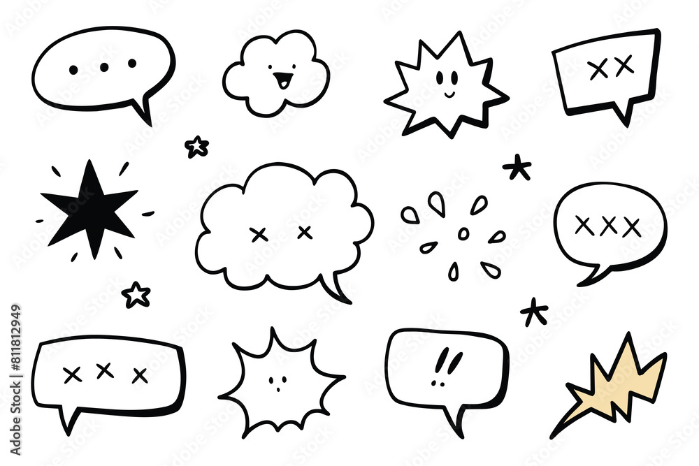 Set of hand drawn dialogue box with swear word, evil emoji, star and ...