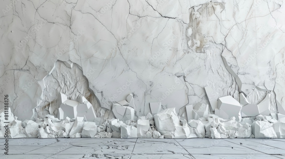 3D rendering of a white wall with fractured, rough borders and a ...