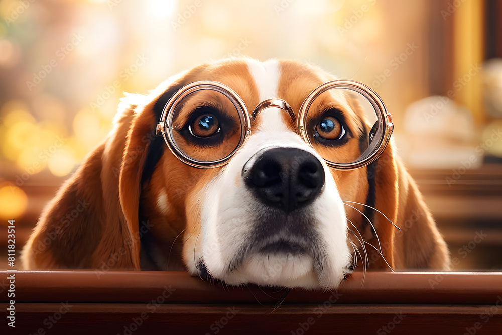 Intellectual Pup. A beagle donning glasses in soft focus, suitable for ...