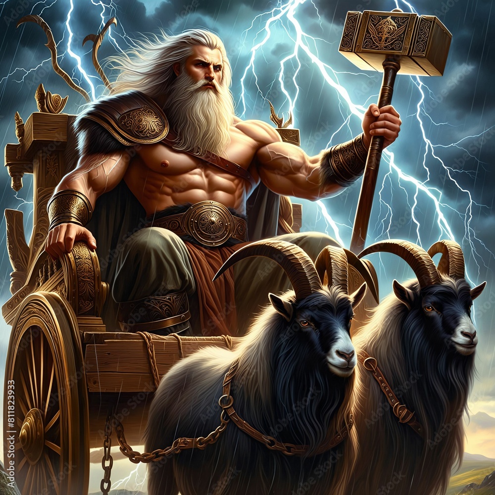 The great Nordic god Thor with his chariot, goats and his hammer ...
