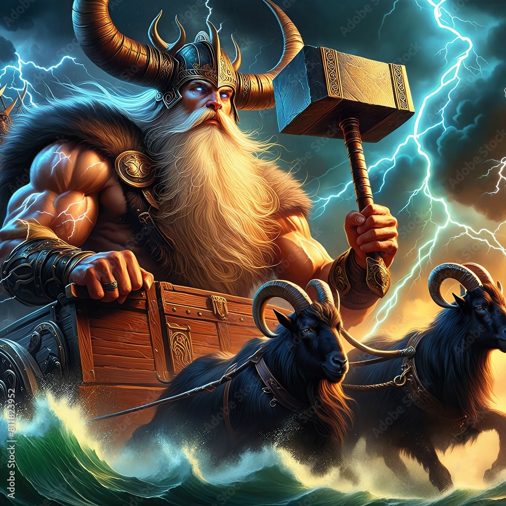 The great Nordic god Thor with his chariot, goats and his hammer ...