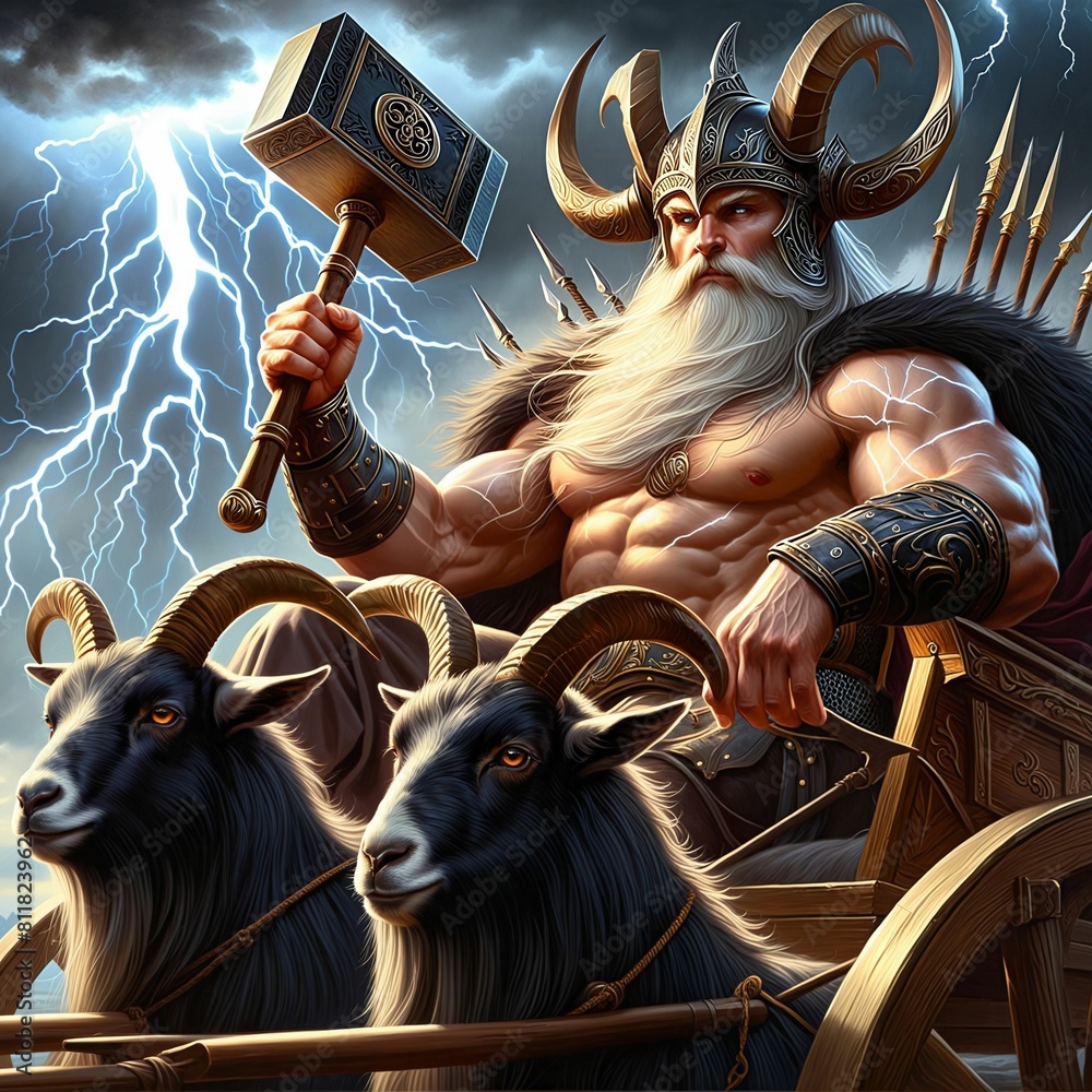 The great Nordic god Thor with his chariot, goats and his hammer ...