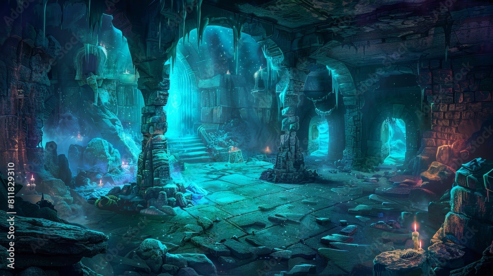 An eerily beautiful submerged gothic hallway illuminated by the cool ...