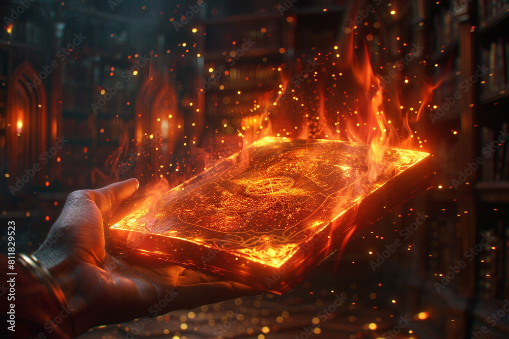 A vibrant depiction of a paper held in a hand with fiery red and orange ...