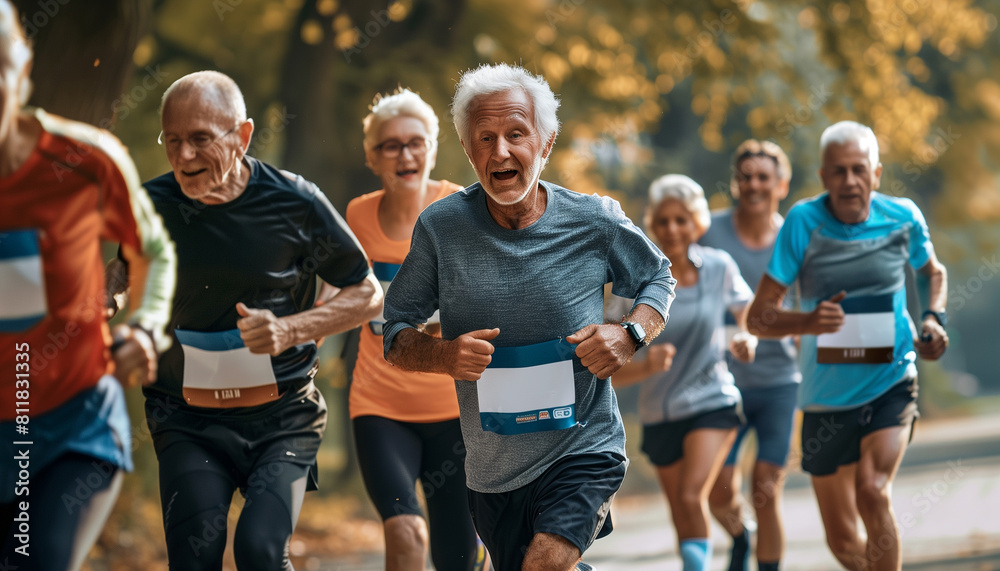 of mature joggers wearing race bibs and participating in a community ...