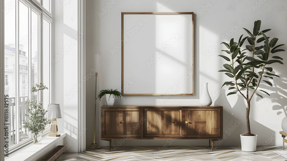 Large wooden frame for vertical wall art mockups. Minimalist Japandi ...