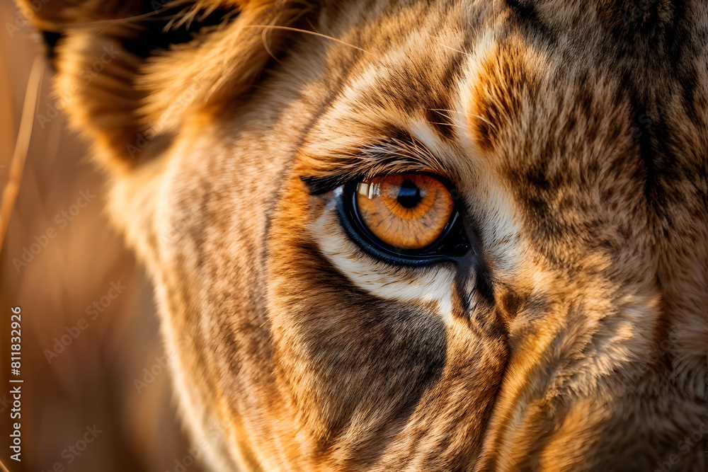 Close-up of lioness’s eye in the wild, ideal for safari-themed designs ...