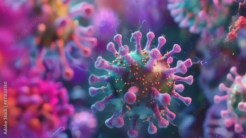 Virus particle, depicted protruding spikes, floating viral elements ...