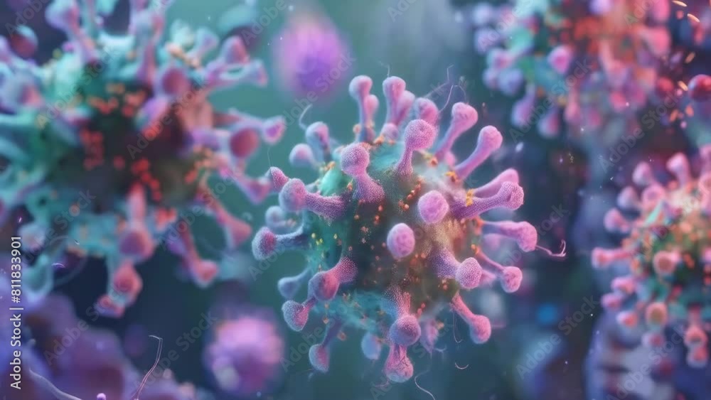 Virus particle, depicted protruding spikes, floating viral elements ...