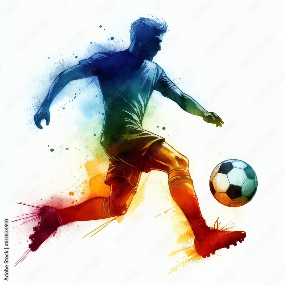 football, man, running, ball, soccer ball, watercolor, dribbling ...
