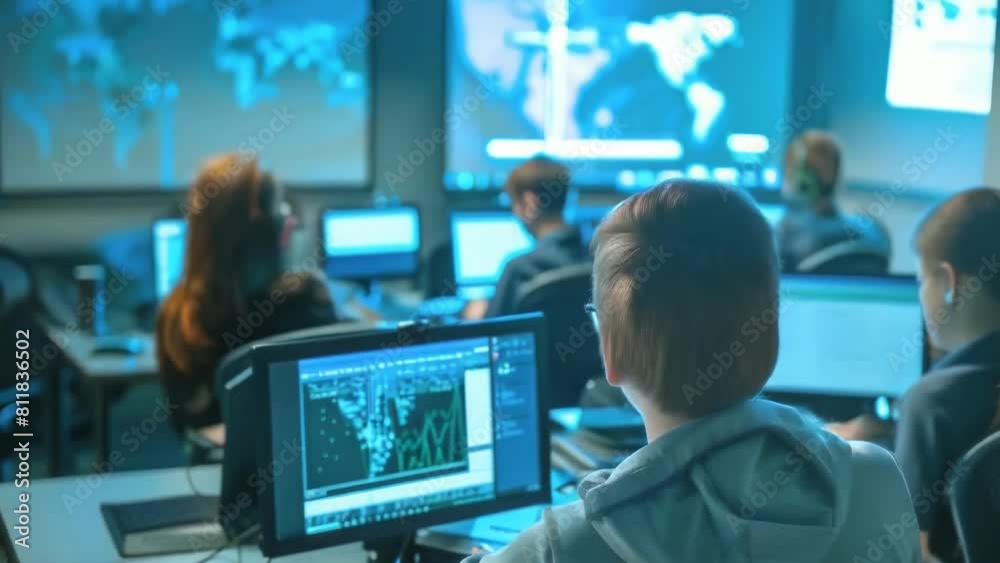 Students focused on their monitors in a modern, technology-driven ...