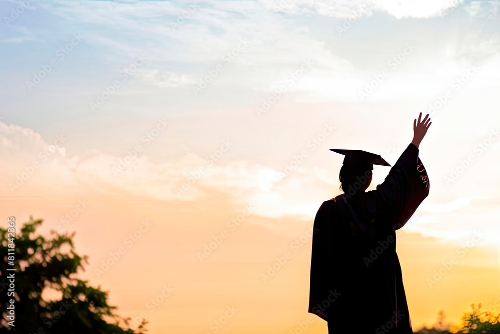 Watercolor silhouette of student in graduation cap and gown with ...