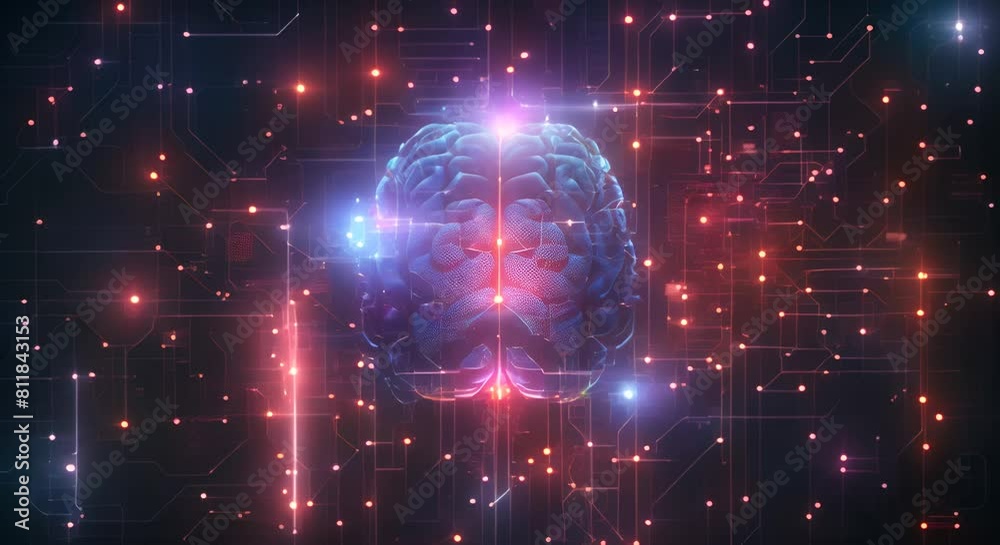 Digital holographic brain with microchip circuit board information datum blue and purple neon ...