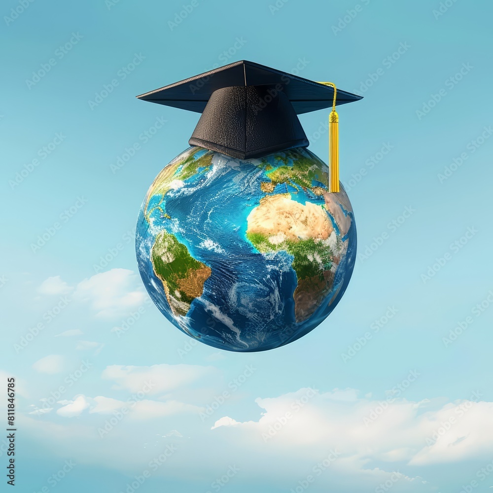 Graduation cap flying off the globe, celebrating international academic ...