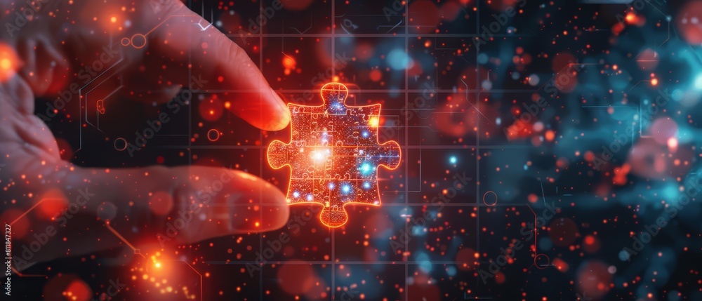 Hand holding a glowing digital puzzle piece, symbolizing the final ...