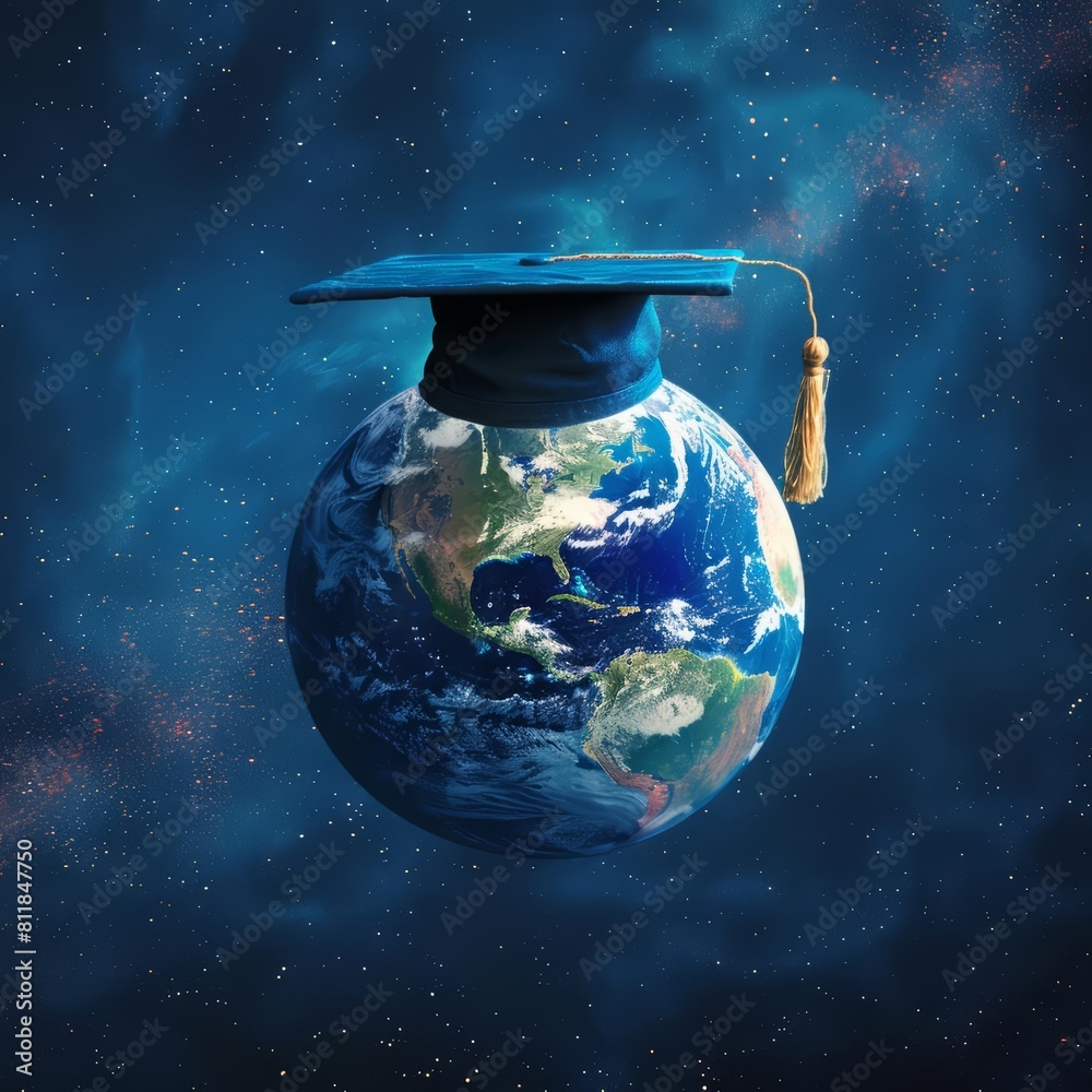 Graduation cap flying off the globe, celebrating international academic ...