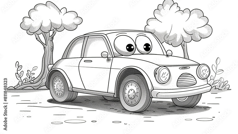 A simple and joyful outline drawing of a happy cartoon car parked next ...