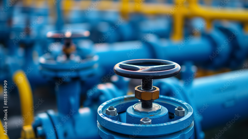 Industrial blue valves and yellow and blue piping, focused on one ...