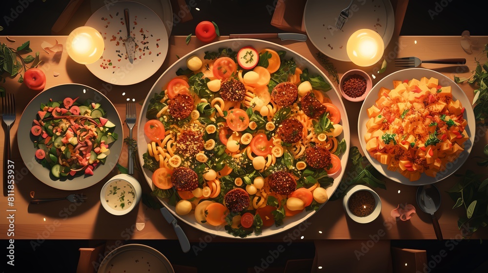 Vegan dinner family meal theme animation monochromatic color Scheme ...
